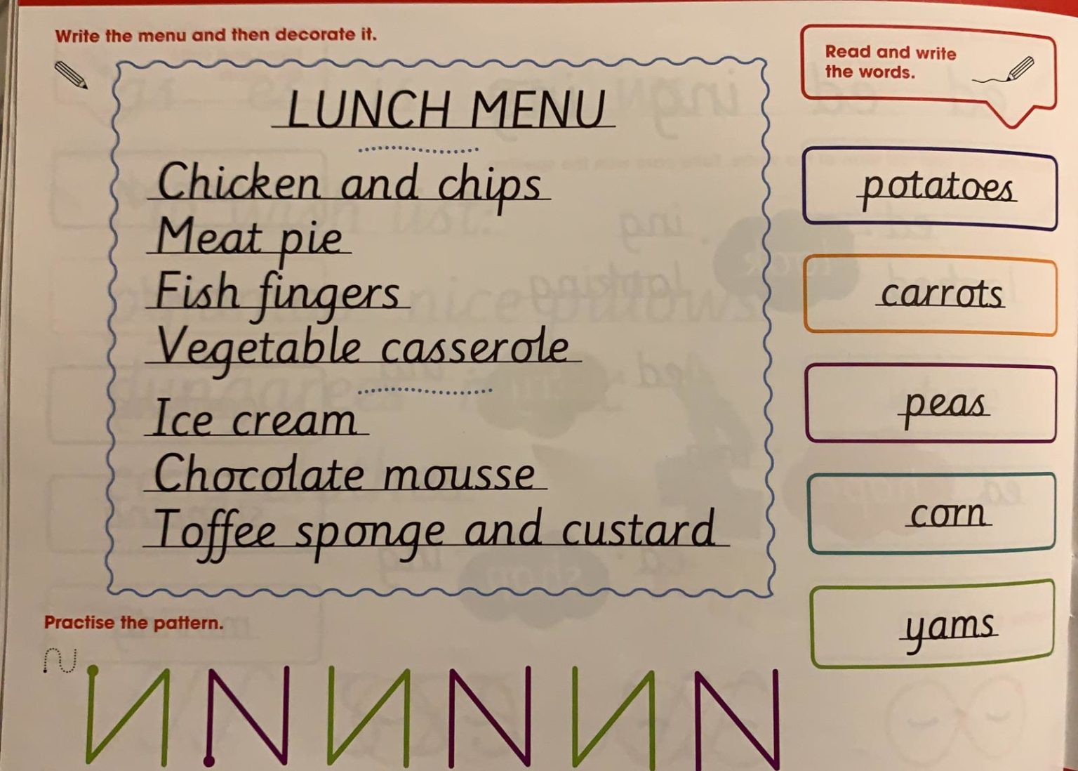 Y2 Lunch Menu – Handwriting – Holly Park Primary School