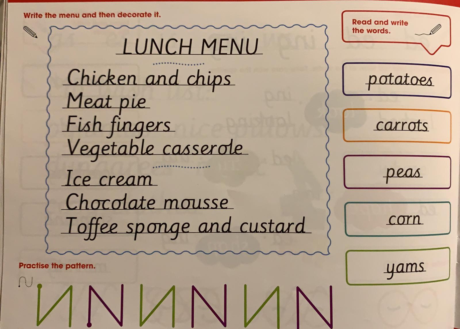 Y2 Lunch Menu – Handwriting – Holly Park Primary School